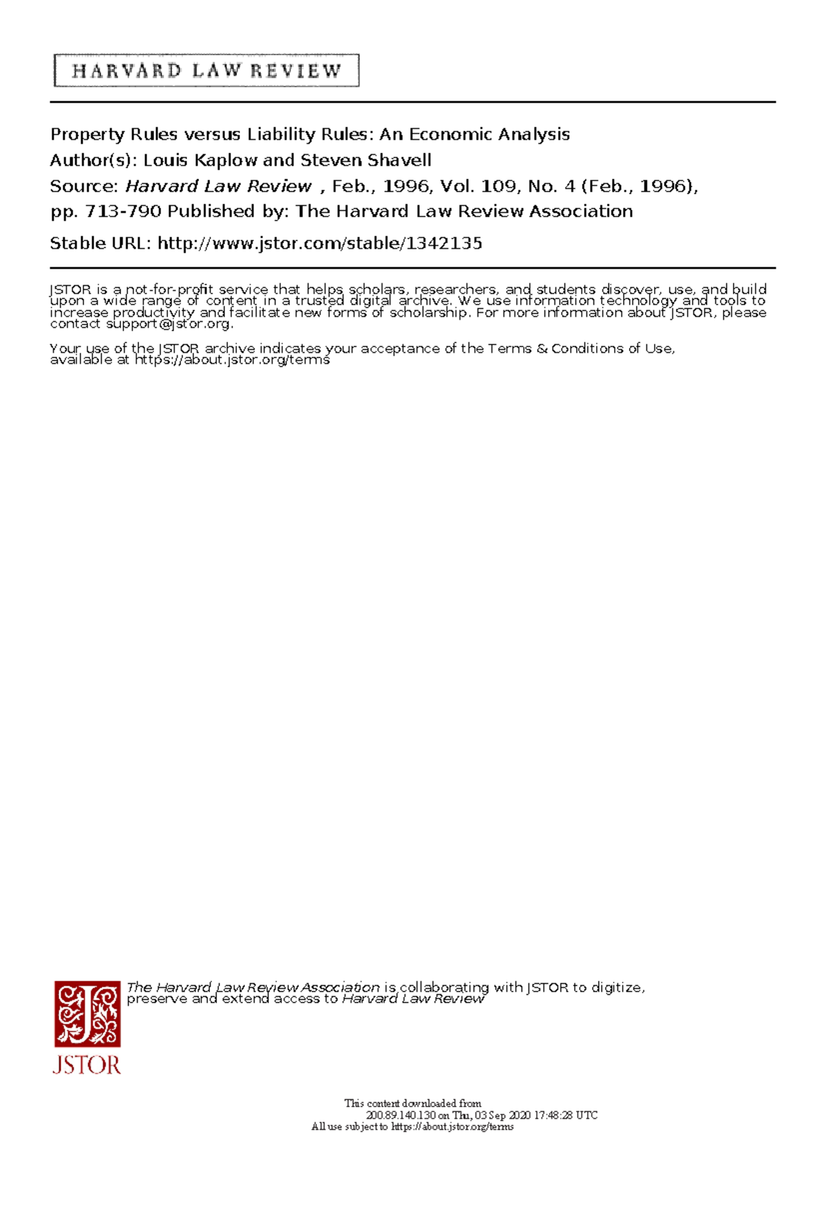 Kaplow y Shavell - ####### Property Rules versus Liability Rules: An ...