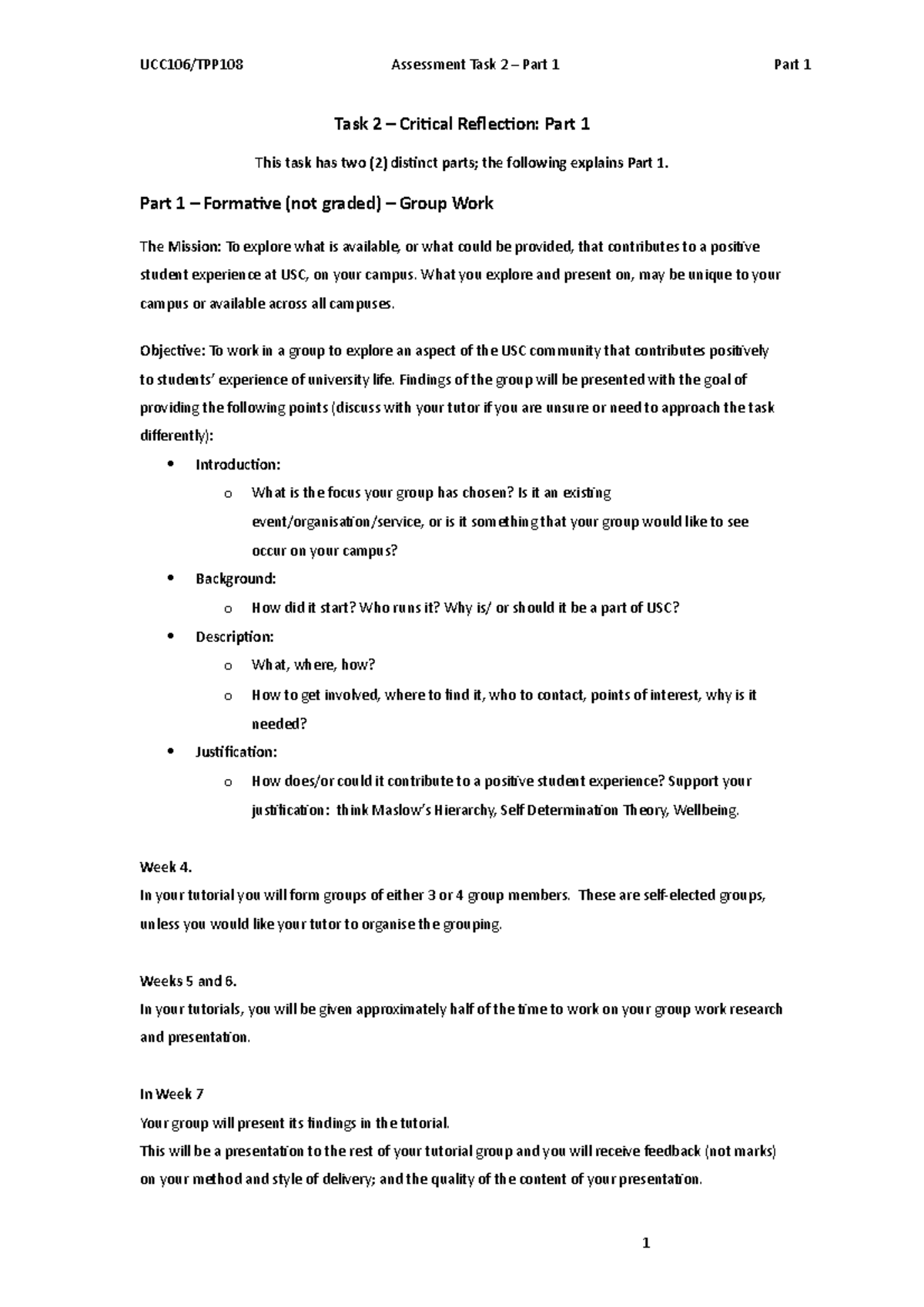 UCC106 TPP108 Task 2 Part 1 Groupwork - UCC106/TPP108 Assessment Task 2 – Part 1 Part 1 Task 2 ...