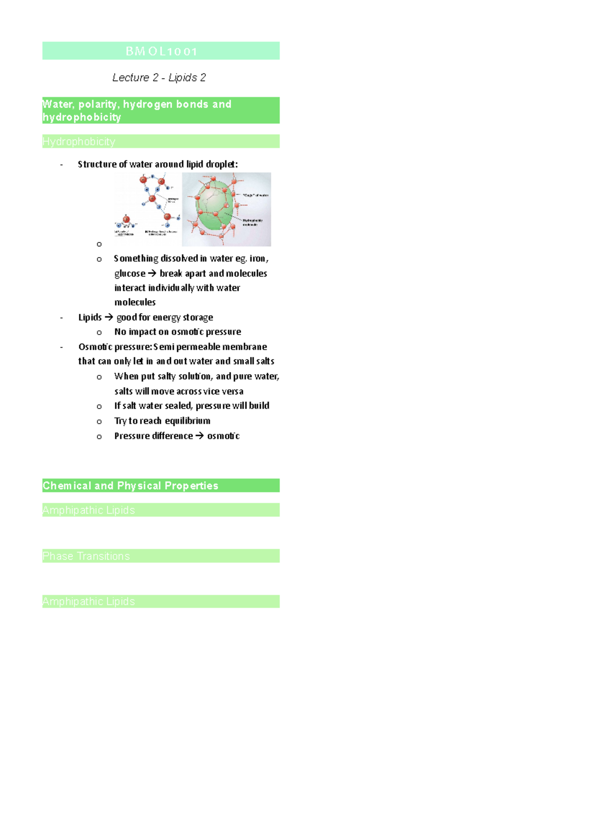 Lecture 2 - brief notes - BMOL Lecture 2 - Lipids 2 Water, polarity ...