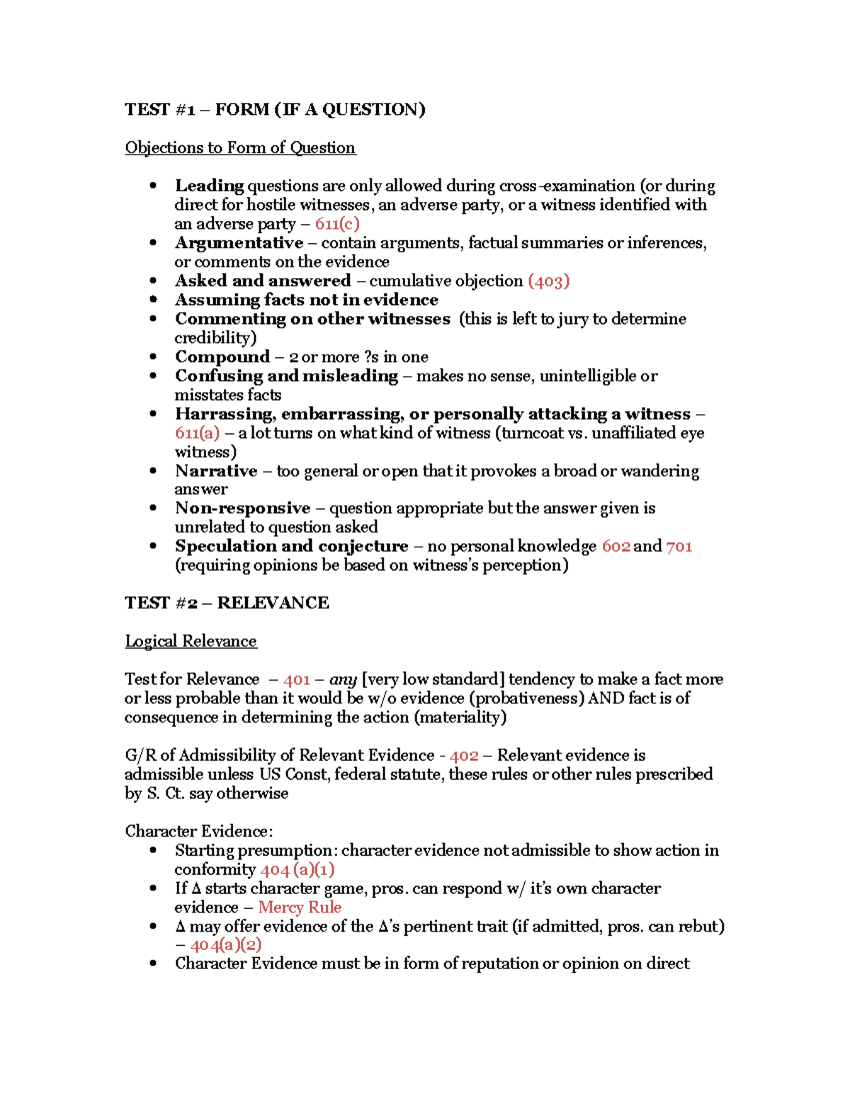 Evidence Outline - TEST FORM (IF A QUESTION) Objections to Form of ...