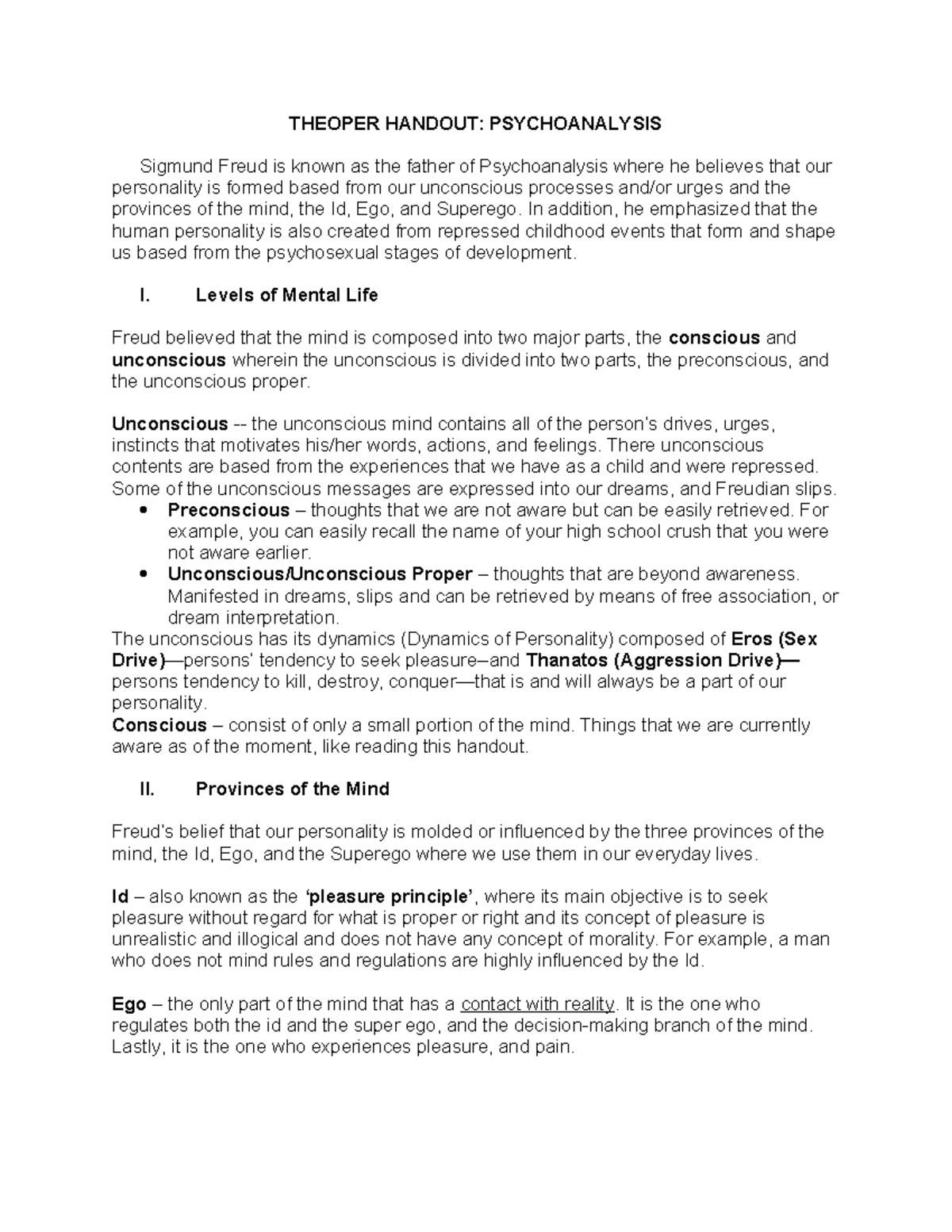 Psychoanalysis Handout - THEOPER HANDOUT: PSYCHOANALYSIS Sigmund Freud ...