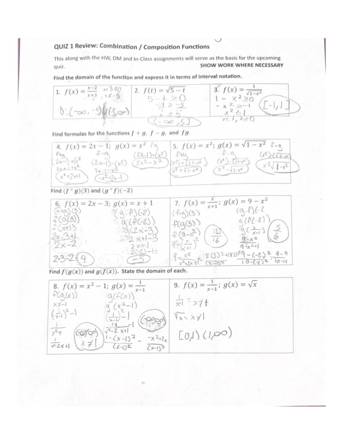 QUIZ 1 Review Combination Composition Functions - MATH 9 - Studocu