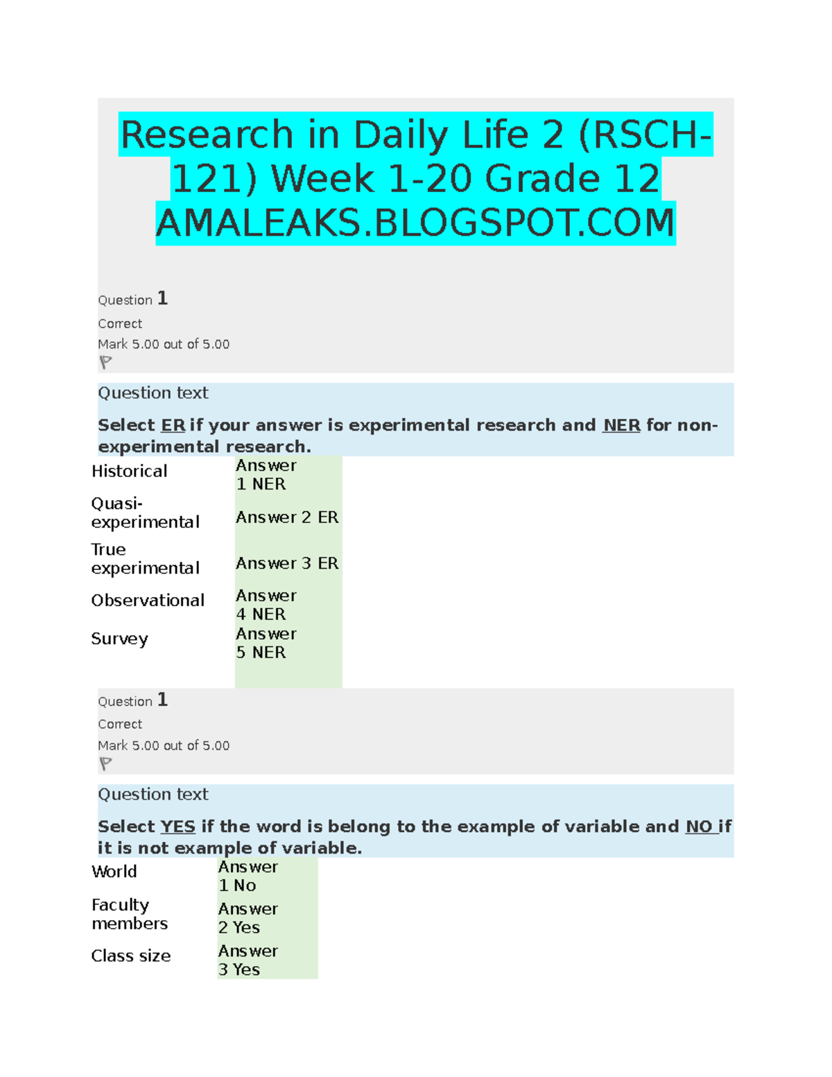RSCH-1-20 - Answer key - Research in Daily Life 2 (RSCH- 121) Week 1-20 ...