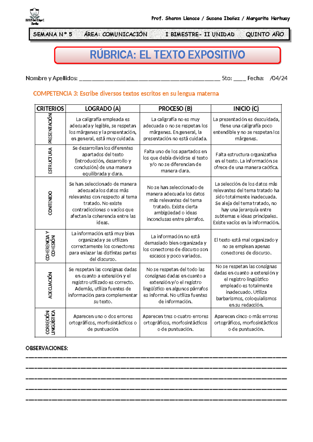 Rubrica Texto Expositivo - RÚBRICA: EL TEXTO EXPOSITIVO Prof. Sharon ...
