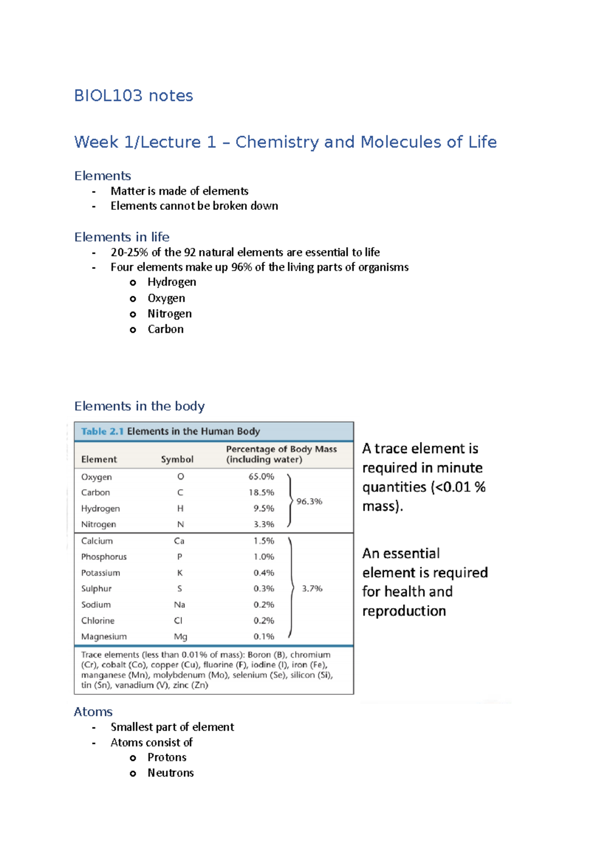 BIOL103 notes - BIOL103 notes Week 1/Lecture 1 – Chemistry and ...