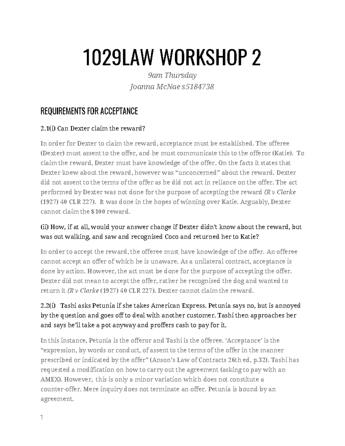 Tutorial Work - Week 12 - 1029LAW WORKSHOP 2 9am Thursday Joanna McNae ...