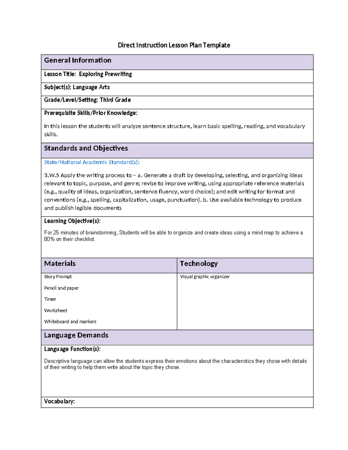 Lesson Plan Prewriting Direct Instruction Lesson Plan Template General Information Lesson