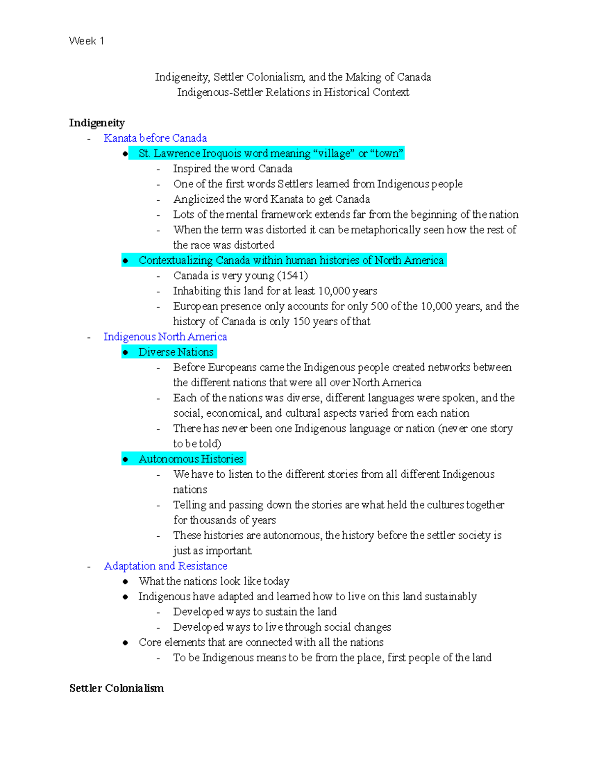 CNST 1131: Week 1 Notes - Week 1 Indigeneity, Settler Colonialism, and ...