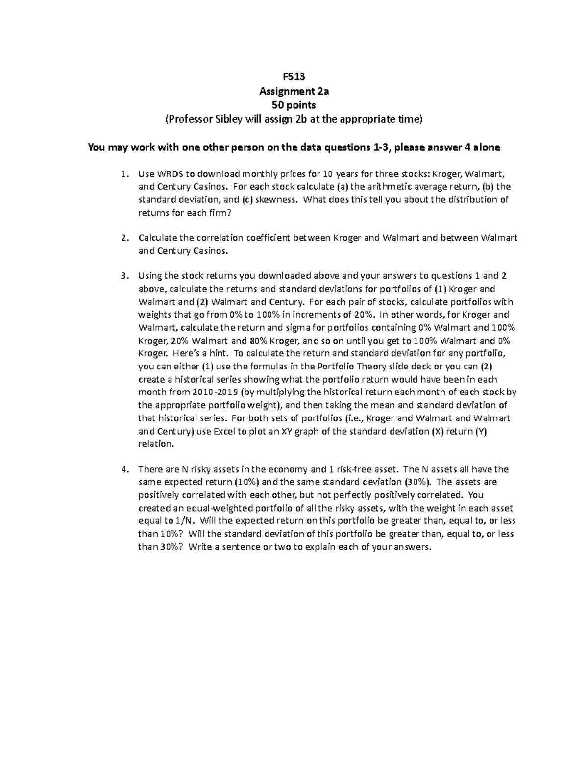 F513 Problem Set 2a Su2023 - F Assignment 2a 50 points (Professor Sibley will assign 2b at the ...