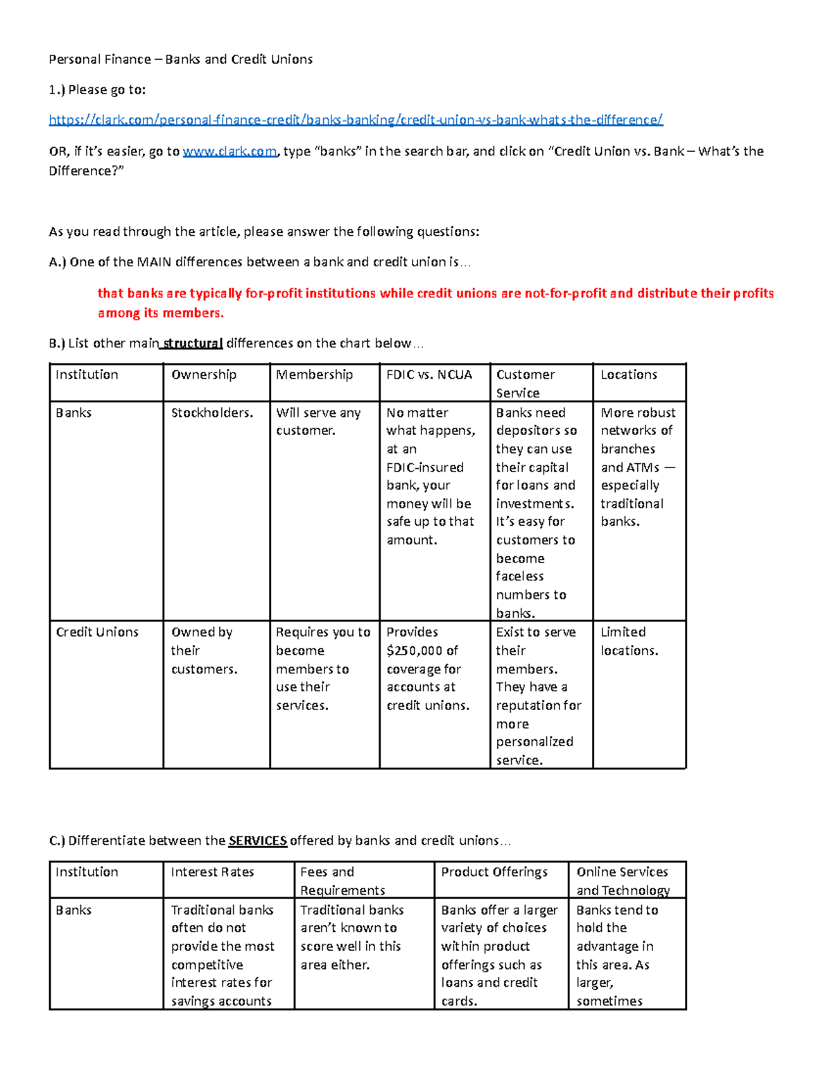 Banks vs. Credit Unions - Personal Finance – Banks and Credit Unions 1 ...