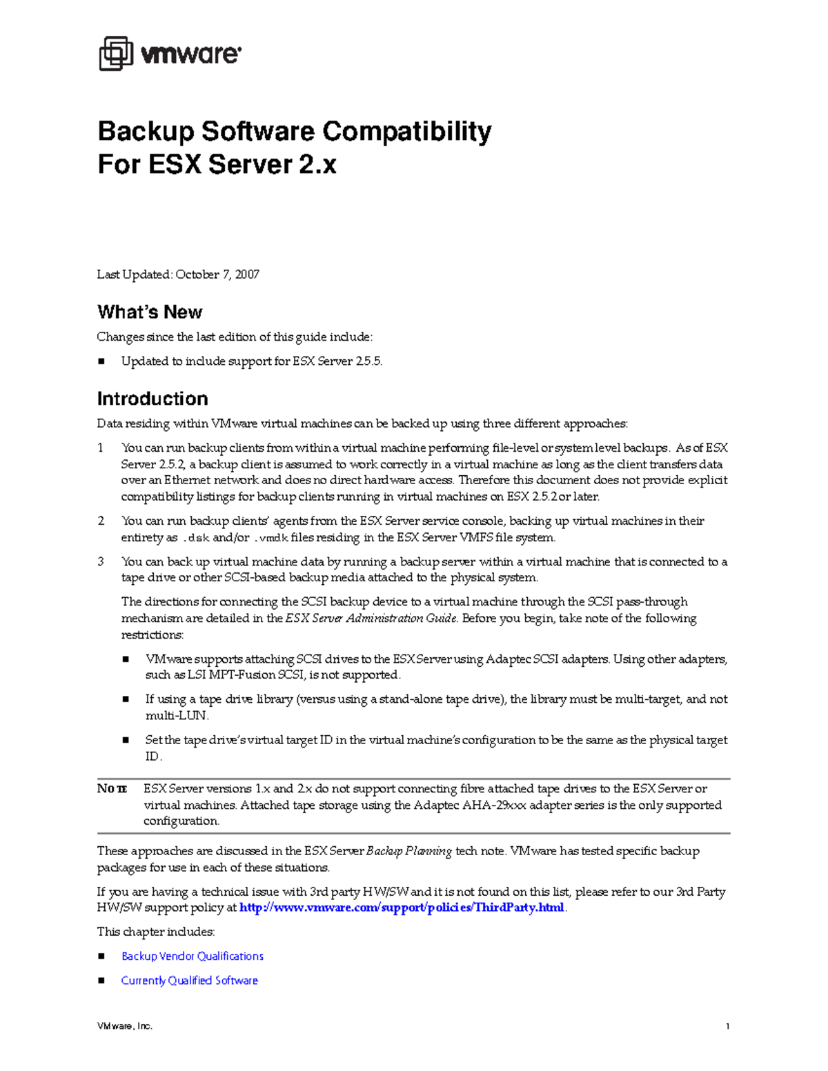 Esx backup guide - Backup Software Compatibility For ESX Server 2 Last Updated: October 7, 2007 ...