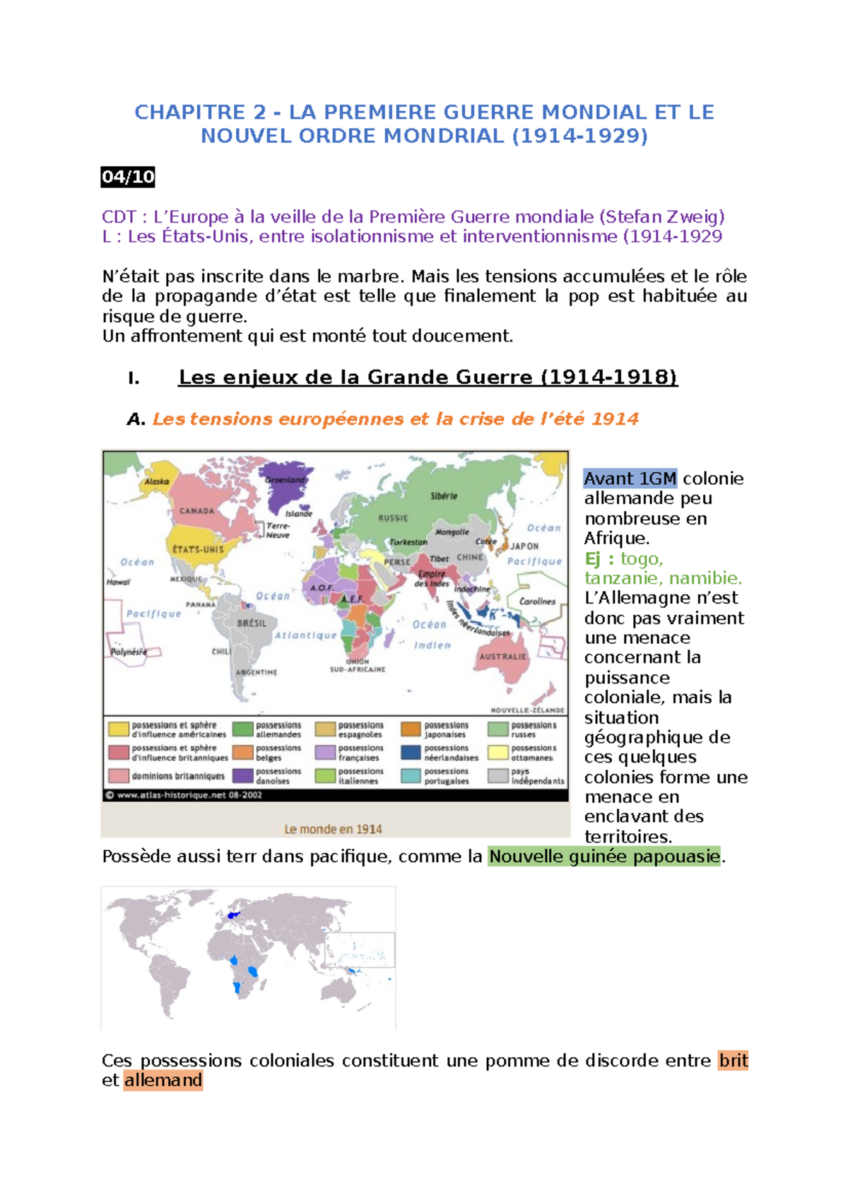 Chapitre 2 -La première guerre mondiale et le nouvel ordre mondial (1914-1929) - CHAPITRE 2 - LA ...