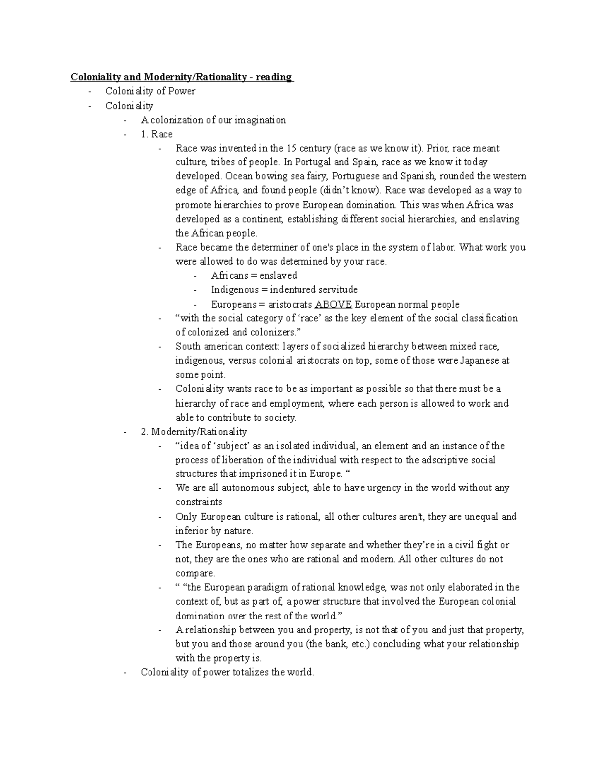 Reli 398 notes - Coloniality and Modernity/Rationality - reading ...