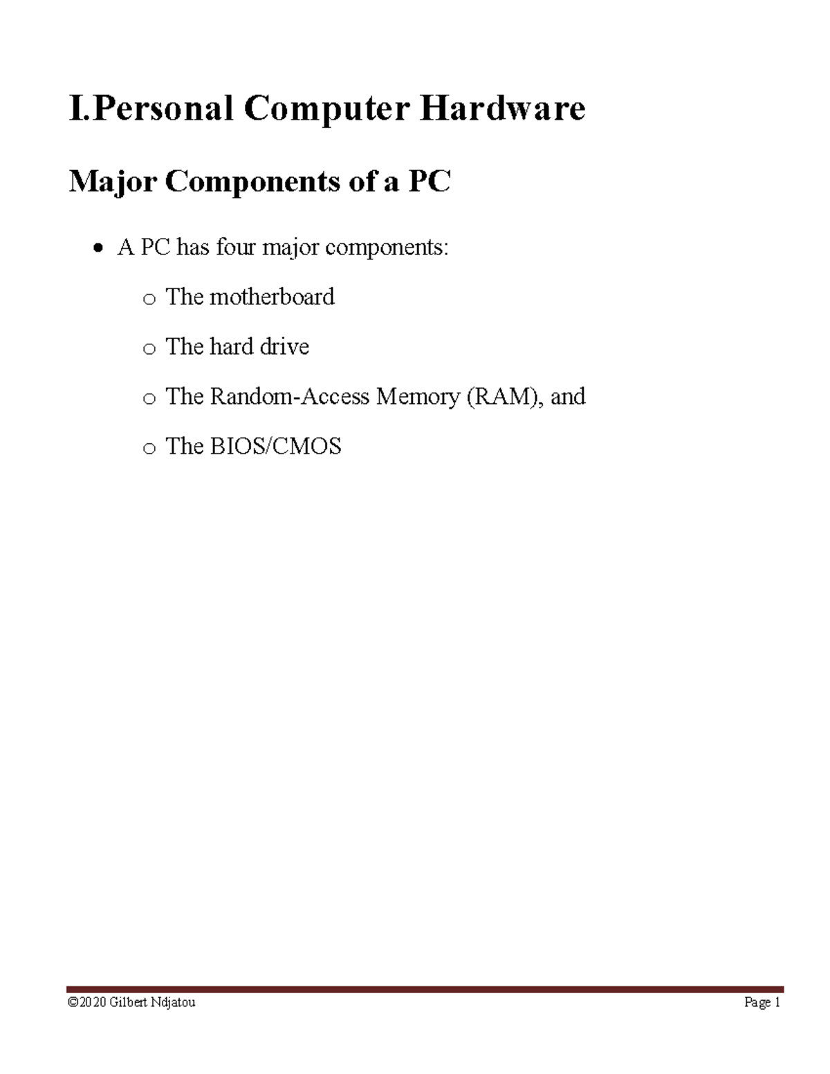 Introduction to networking - I. Personal Computer Hardware Major ...