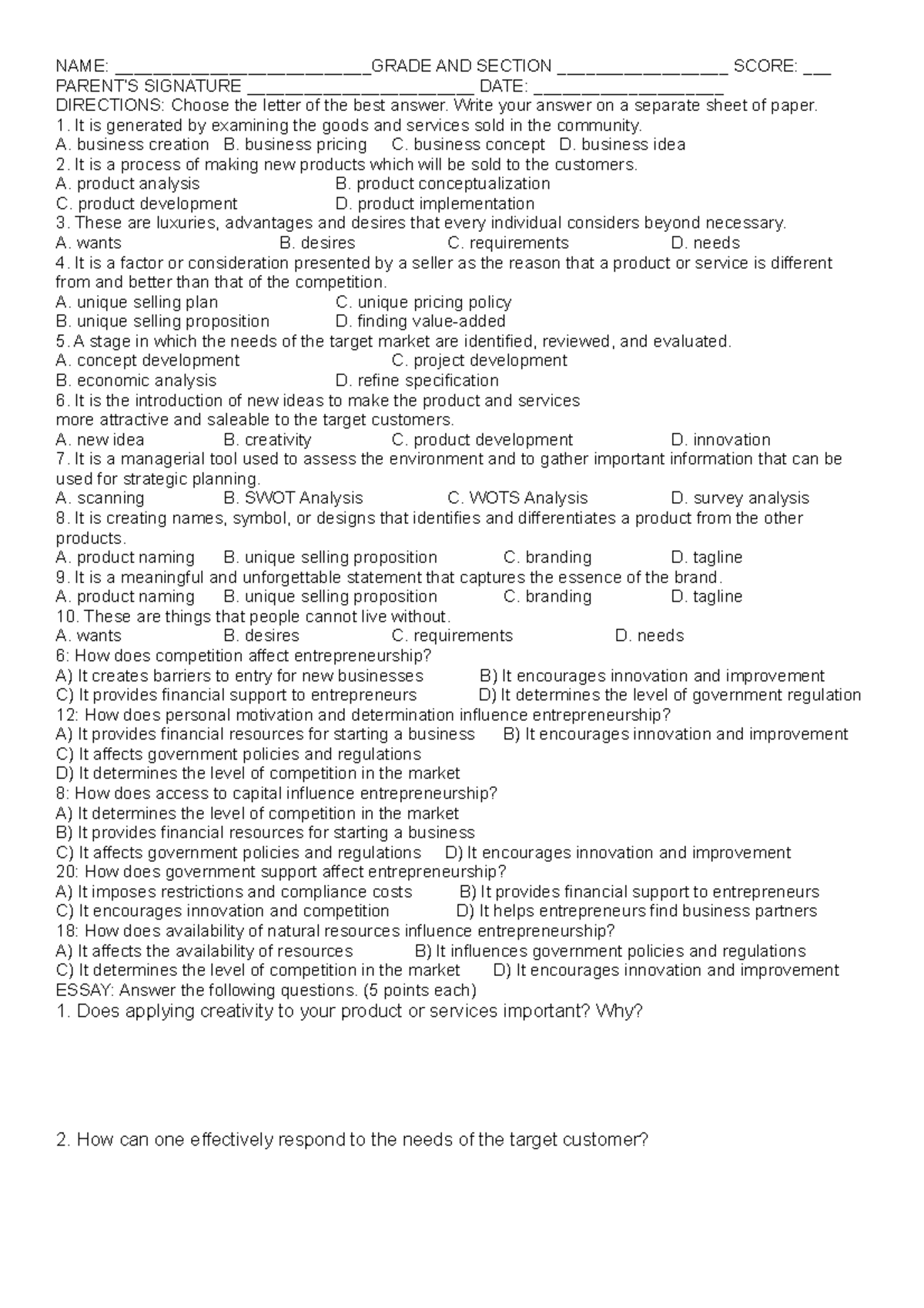 Quiz 2 environment and market - NAME: ___________________________GRADE ...