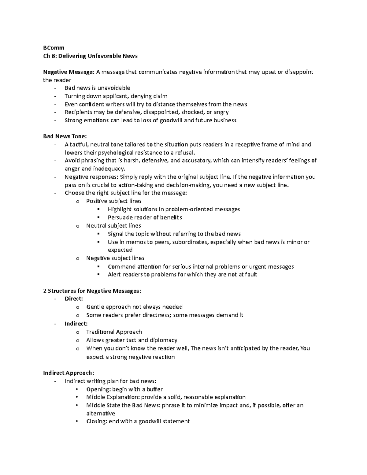 BComm Ch 8 - Delivering Unfavorable News - BComm Ch 8: Delivering Unfavorable News Negative ...