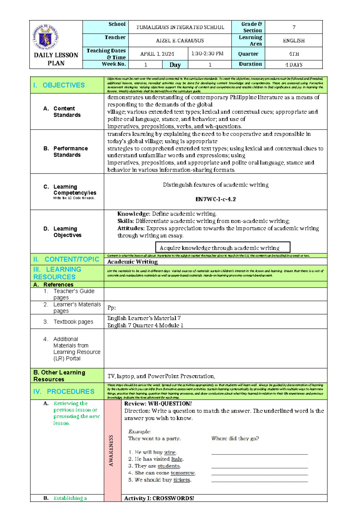 English 7-Academic Writing - DAILY LESSON PLAN School TOMALIGUES ...
