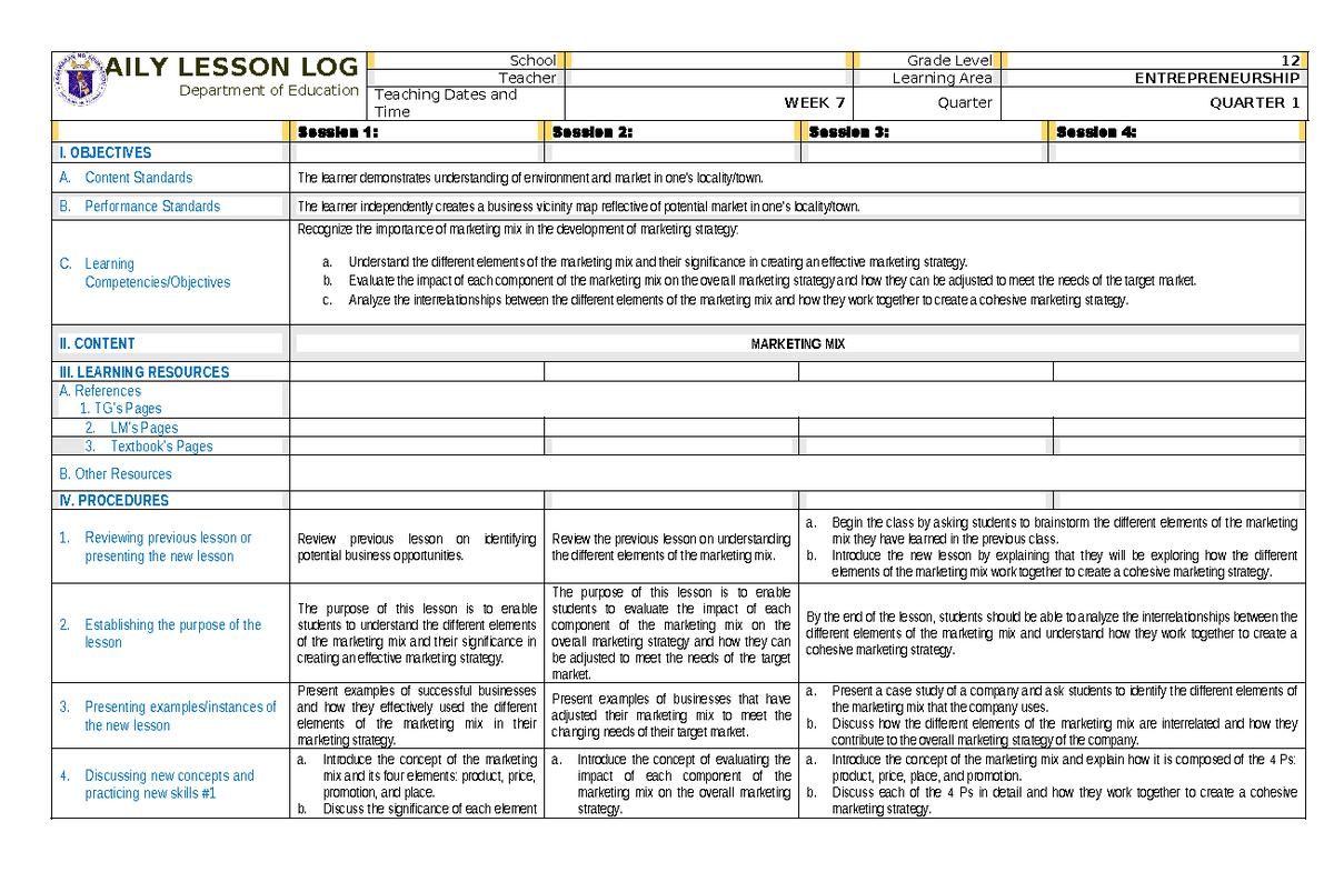 Entrep-Q1-WEEK7 - DLL - DAILY LESSON LOG Department of Education School ...