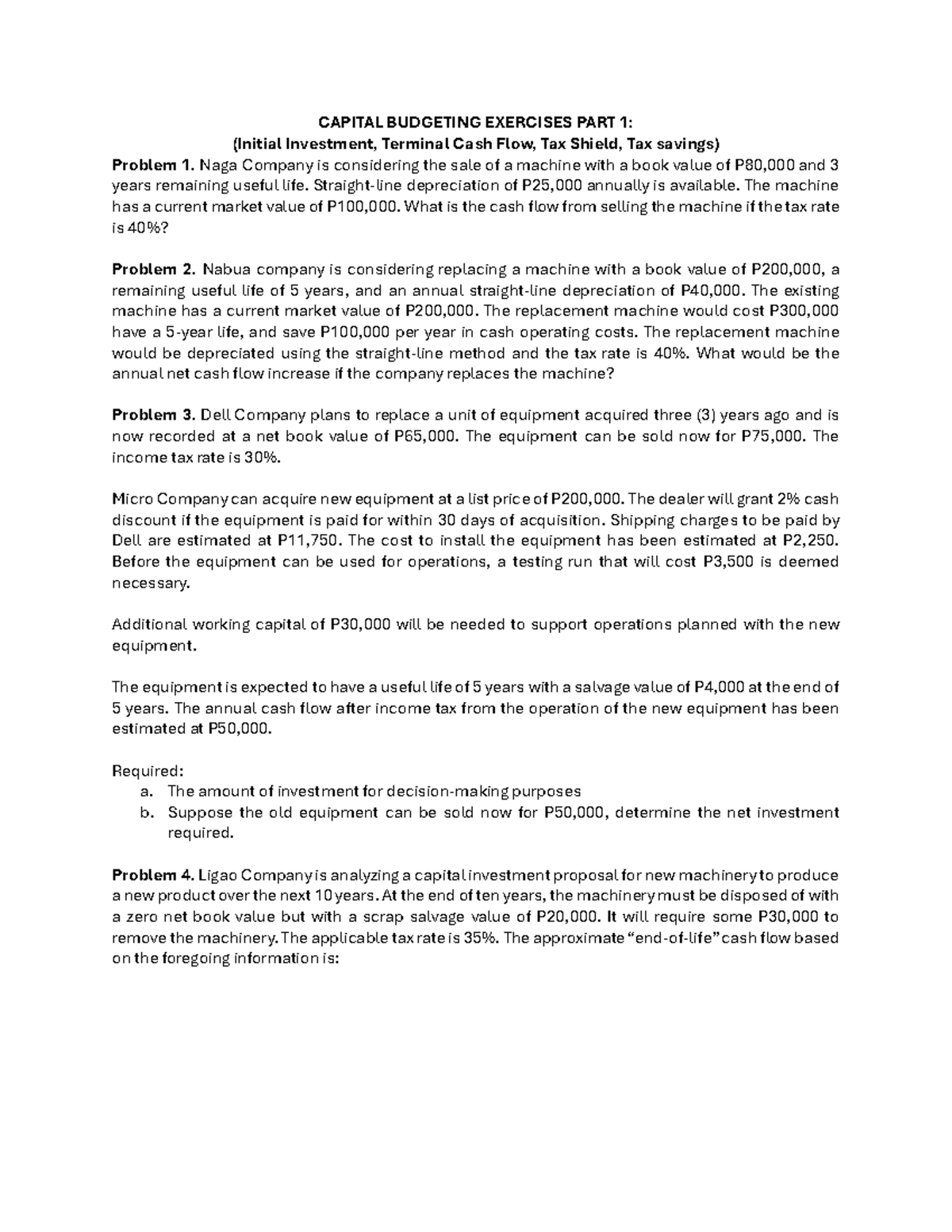 Capital Budgeting Exercises Part 1 - CAPITAL BUDGETING EXERCISES PART 1 ...