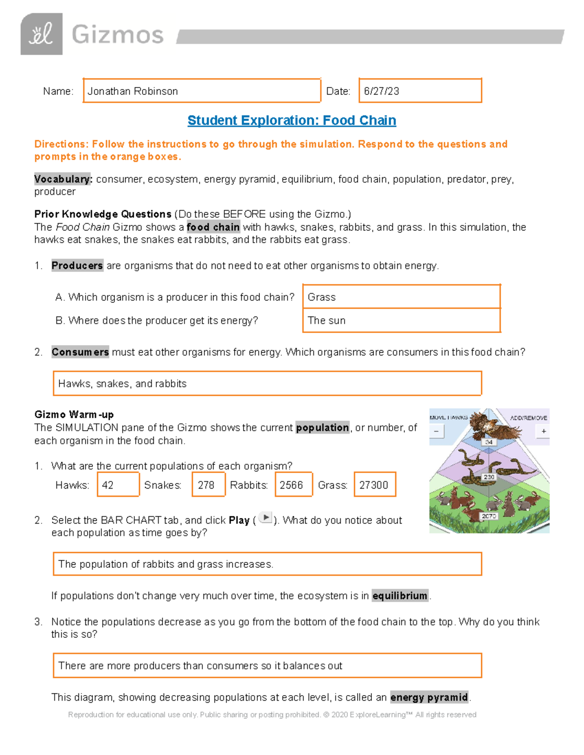 Copy of Bio-P 2022 Food Chain Gizmos - Name: Jonathan Robinson Date: 6 ...