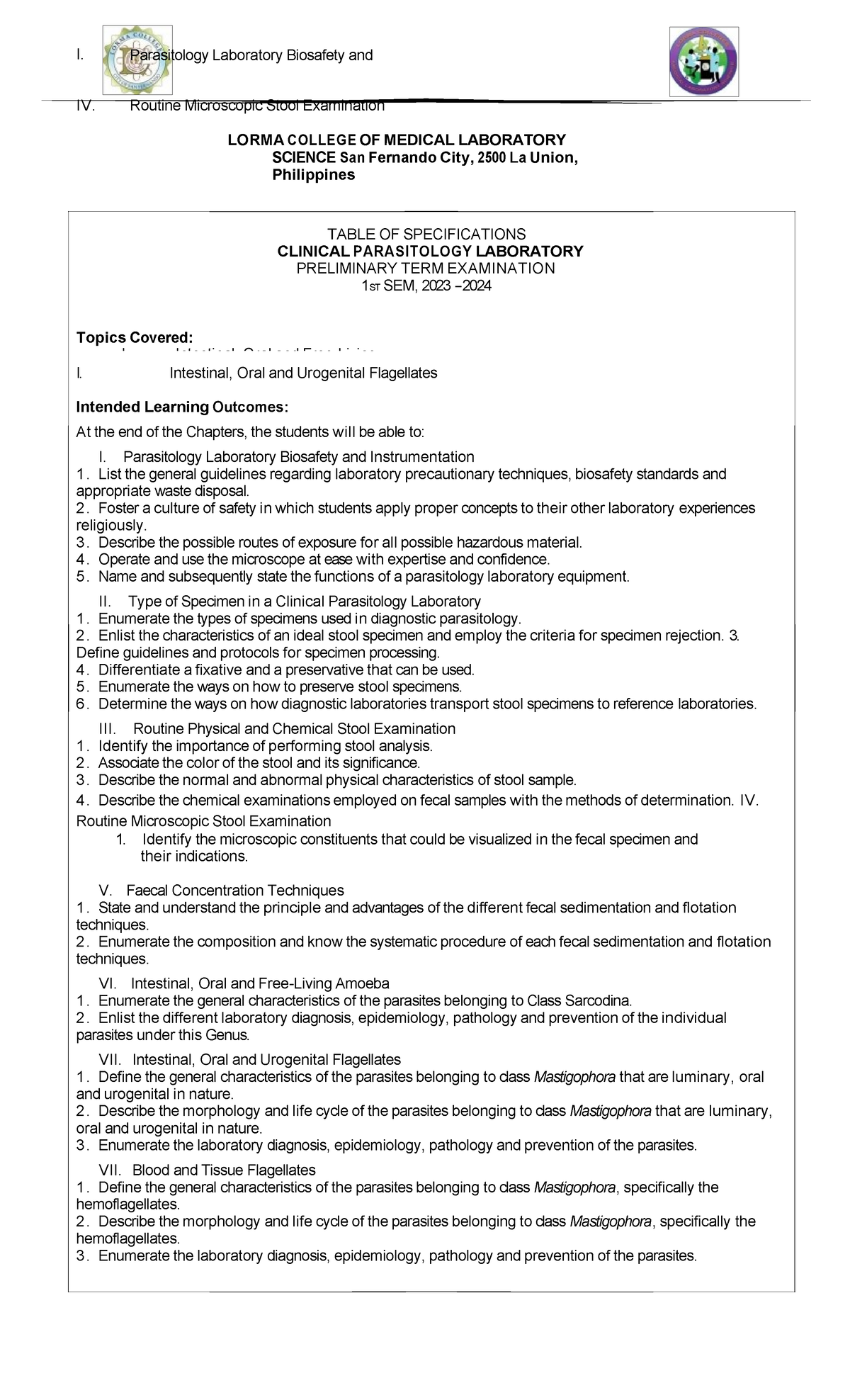 Table of Specification Sample - LORMA COLLEGE OF MEDICAL LABORATORY ...
