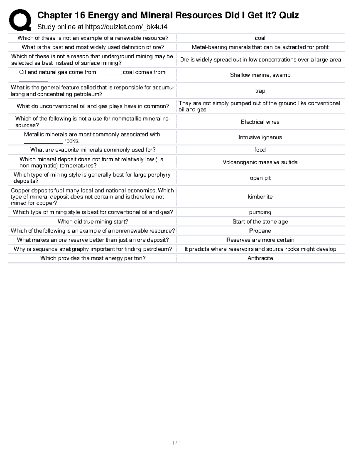 Chapter 16 Energy and Mineral Resources Did I Get It Quiz - Shallow ...