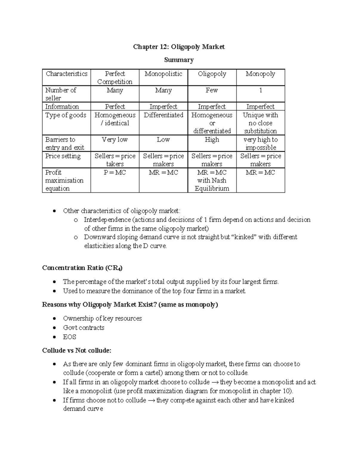 Chapter 12 - Notes - Chapter 12: Oligopoly Market Summary ...