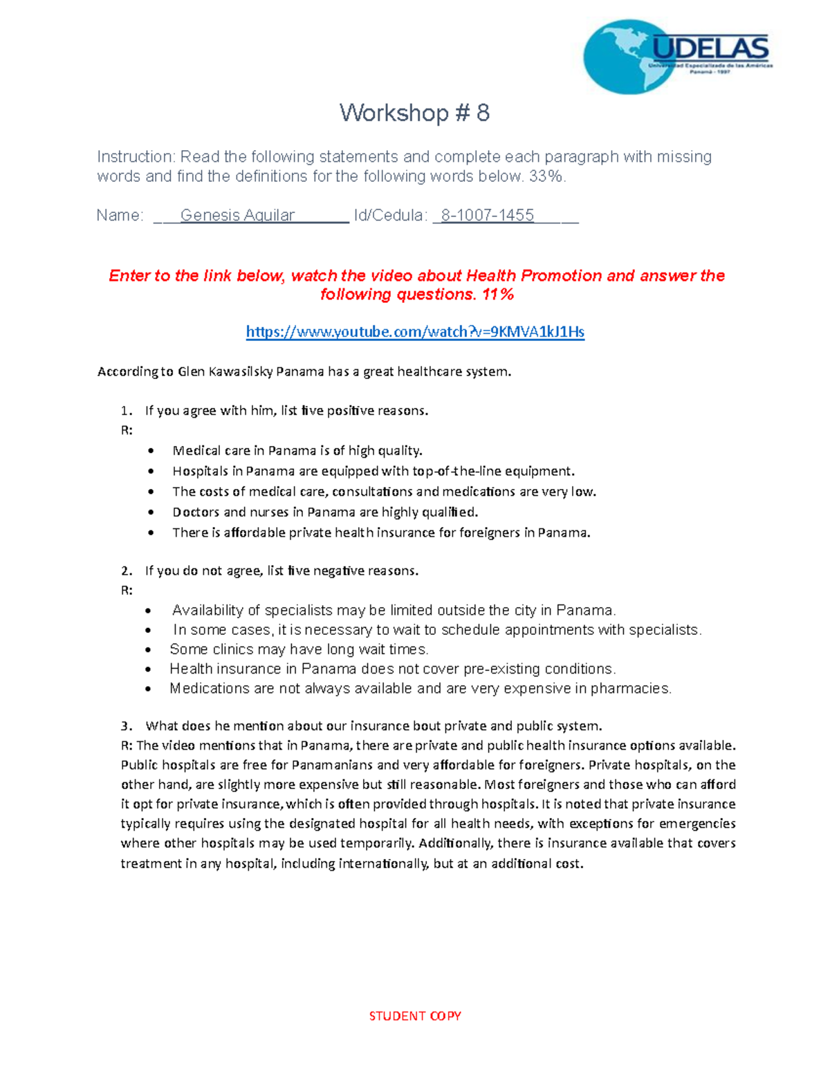 Workshop 8-health-educ - Workshop # 8 Instruction: Read the following statements and complete ...