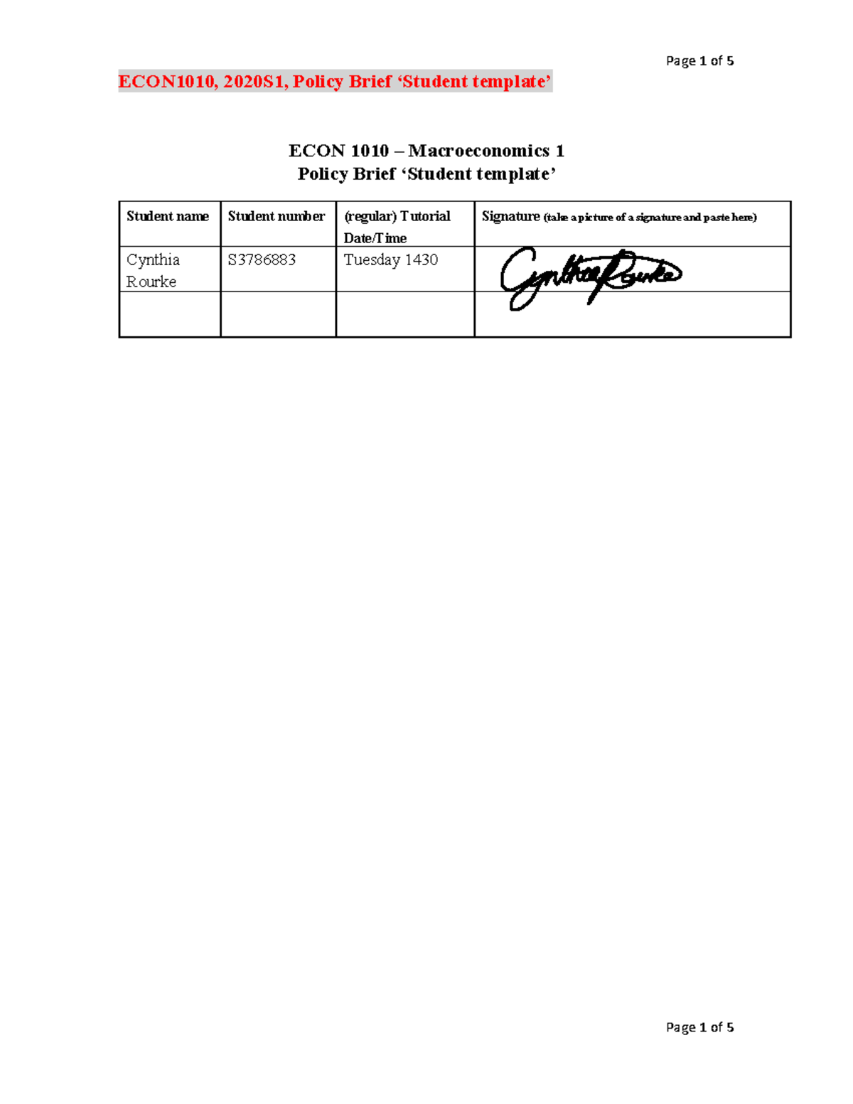 ECON 1010 Assignment 2: Part A - ECON1010, 2020 S1 , Policy Brief ‘Student template’ ECON 1010 ...