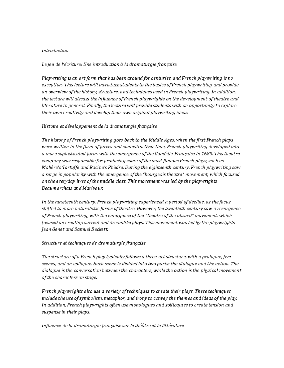 Playwriting Notes de cours - Introduction Le jeu de l’écriture: Une ...