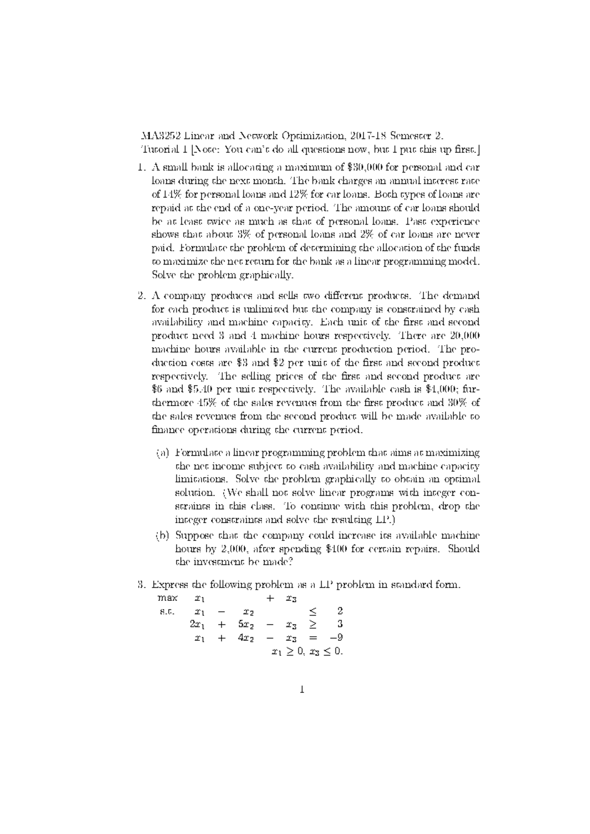 Tutorial 1 - MA3252 Linear and Network Optimization, 2017-18 Semester 2 ...