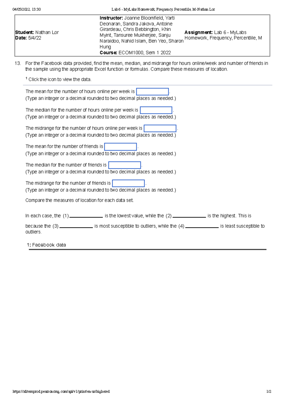 Lab 6 - My Labs Homework, Frequency, Percentlile - pearsoncmg/api/v1 ...