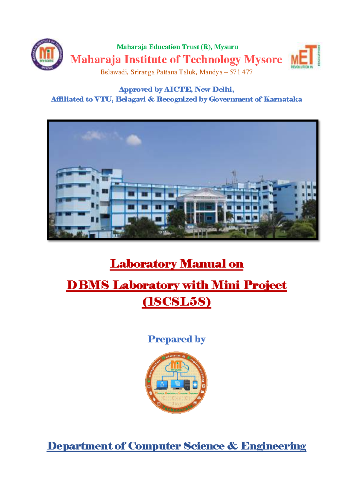 CSE 18CSL58-DBMS-LAB- Manual - Maharaja Education Trust (R), Mysuru ...