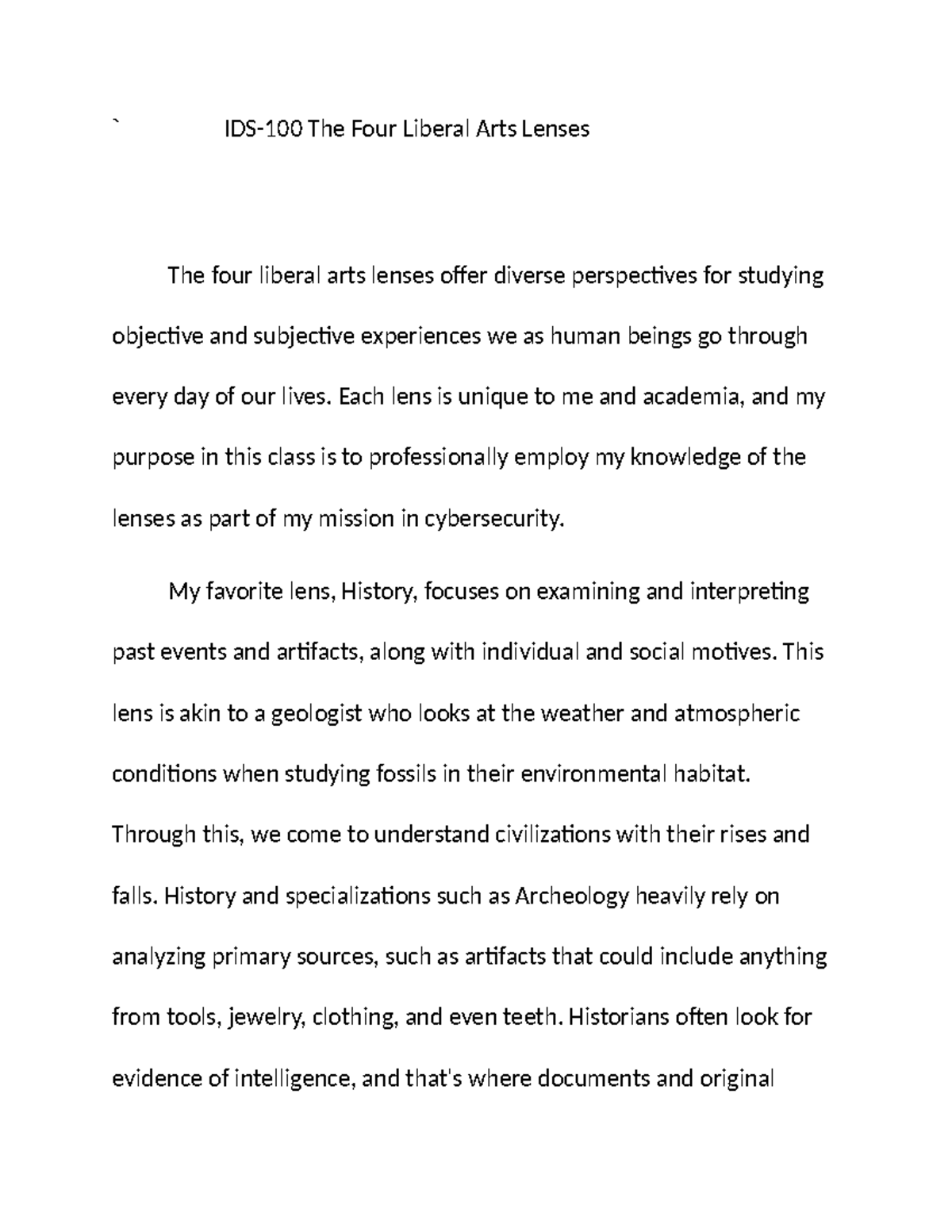 IDS Four-Lense - IDS - ` IDS-100 The Four Liberal Arts Lenses The four ...