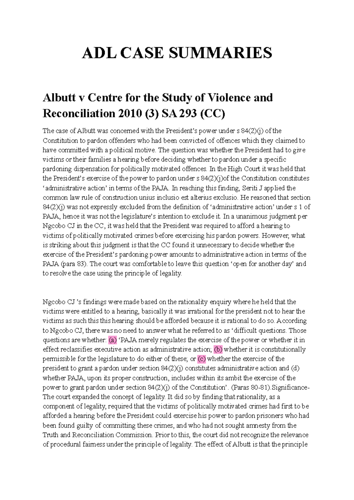 Adl Case Summaries- Administrative Law - ADL CASE SUMMARIES Albutt v Centre for the Study of ...