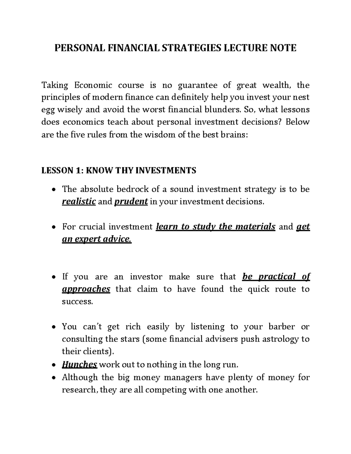 Personal Financial Strategies Lecture Notes - PERSONAL FINANCIAL ...