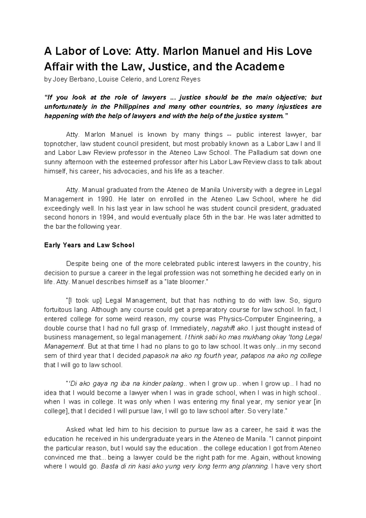 A Labor of Love Atty. Marlon Manuel and His Love Affair with the Law, Justice, and the Academe ...