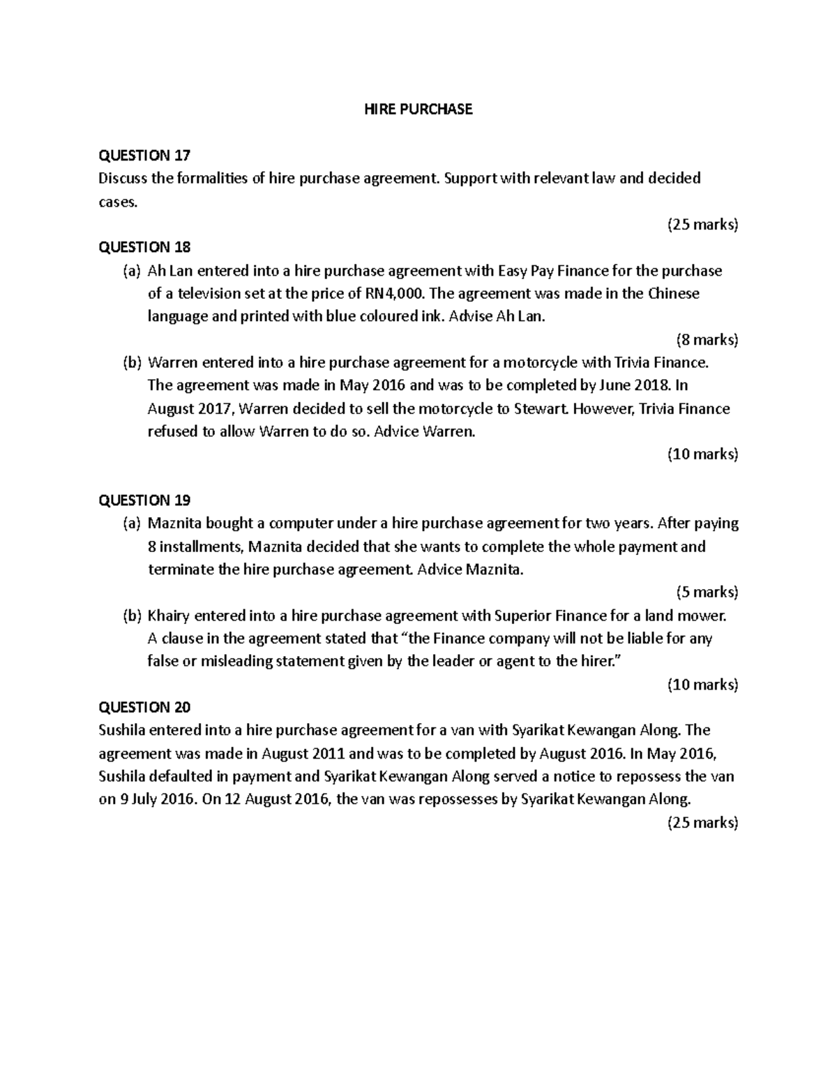 Chap - good for assignment - HIRE PURCHASE QUESTION 17 Discuss the ...