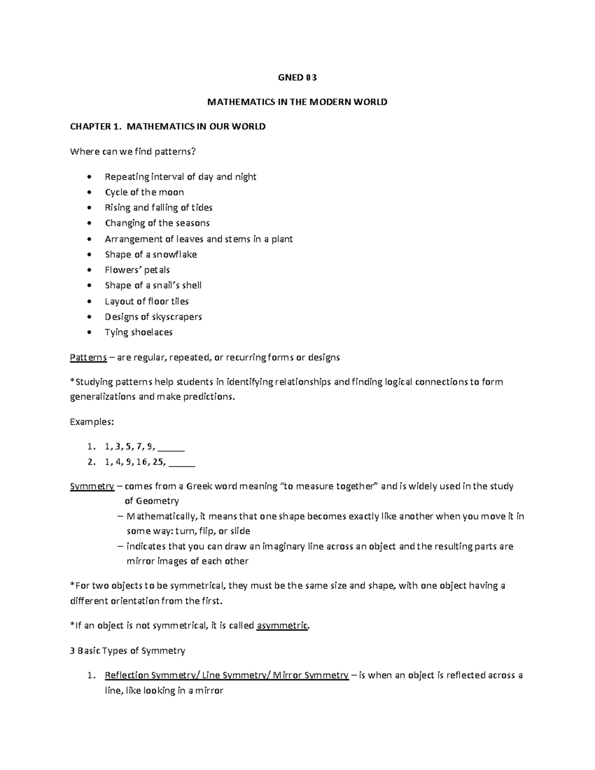 Pdfcoffee - Math - GNED 03 MATHEMATICS IN THE MODERN WORLD CHAPTER 1. MATHEMATICS IN OUR WORLD ...