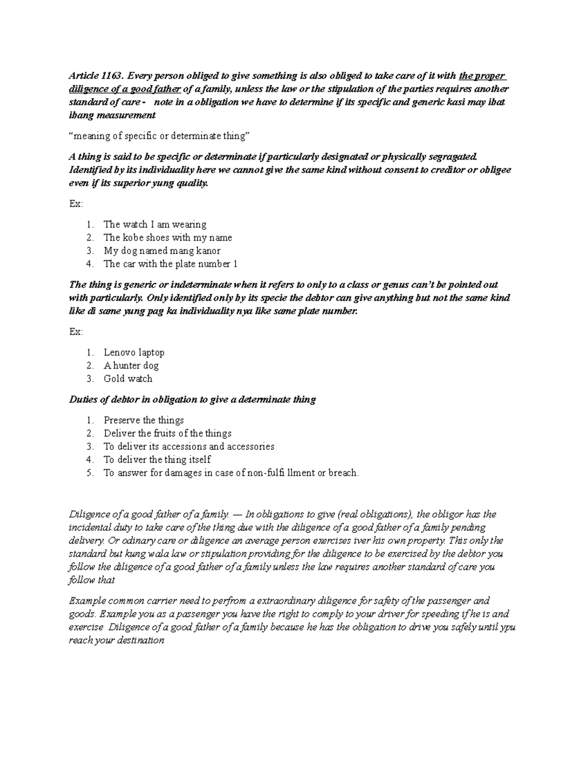 Chapter 2 law - Copy - notes - Article 1163. Every person obliged to ...