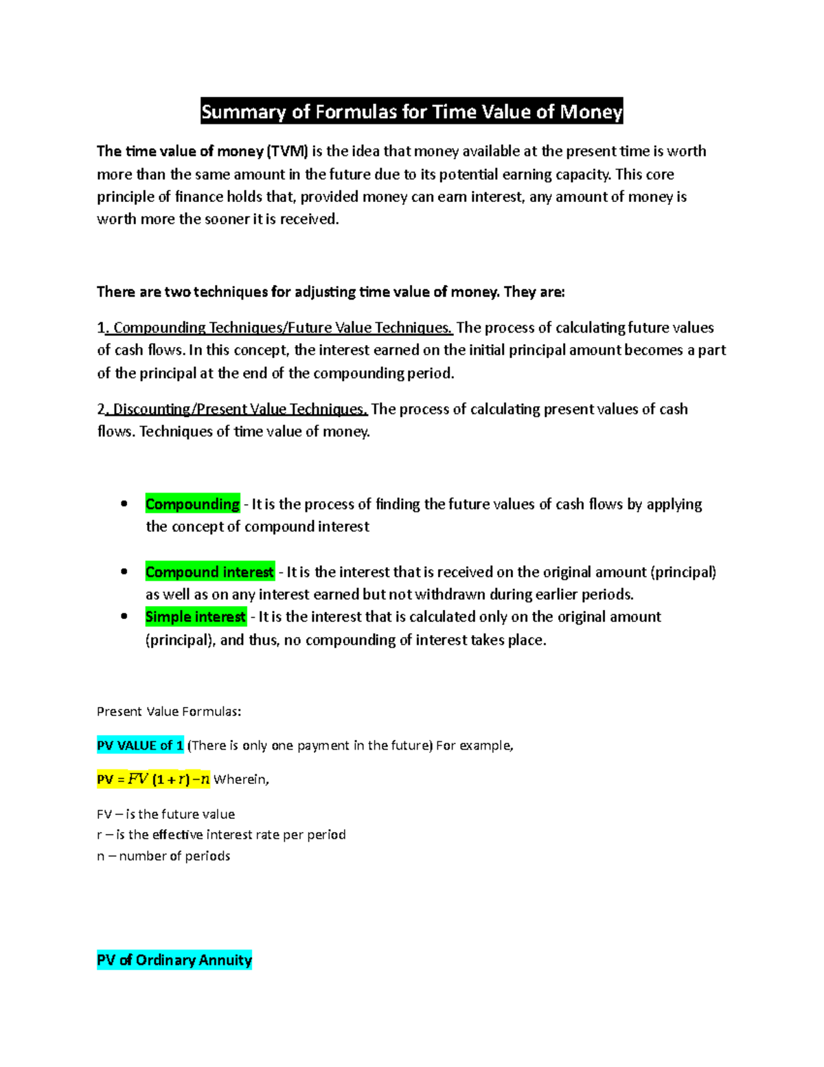 Formulas for Time Value of Money 024542 - Summary of Formulas for Time ...