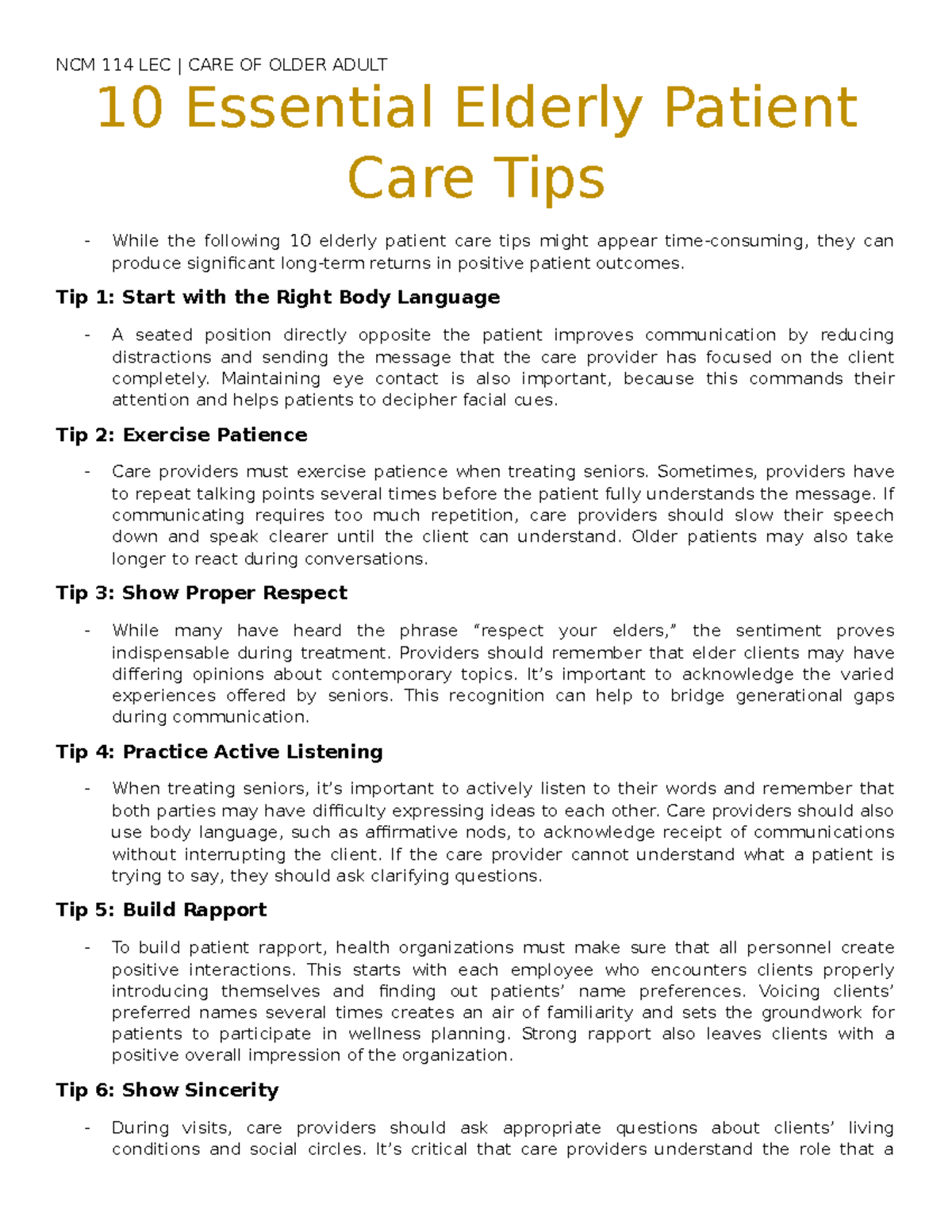 NCM 114 LEC - 10 Essential Elderly Patient CARE TIPS - 10 Essential ...