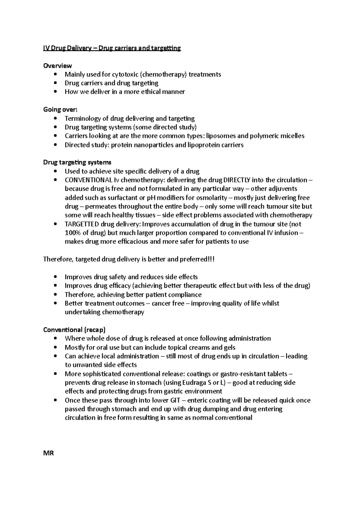 IV Drug Delivery Notes - IV Drug Delivery – Drug carriers and ...