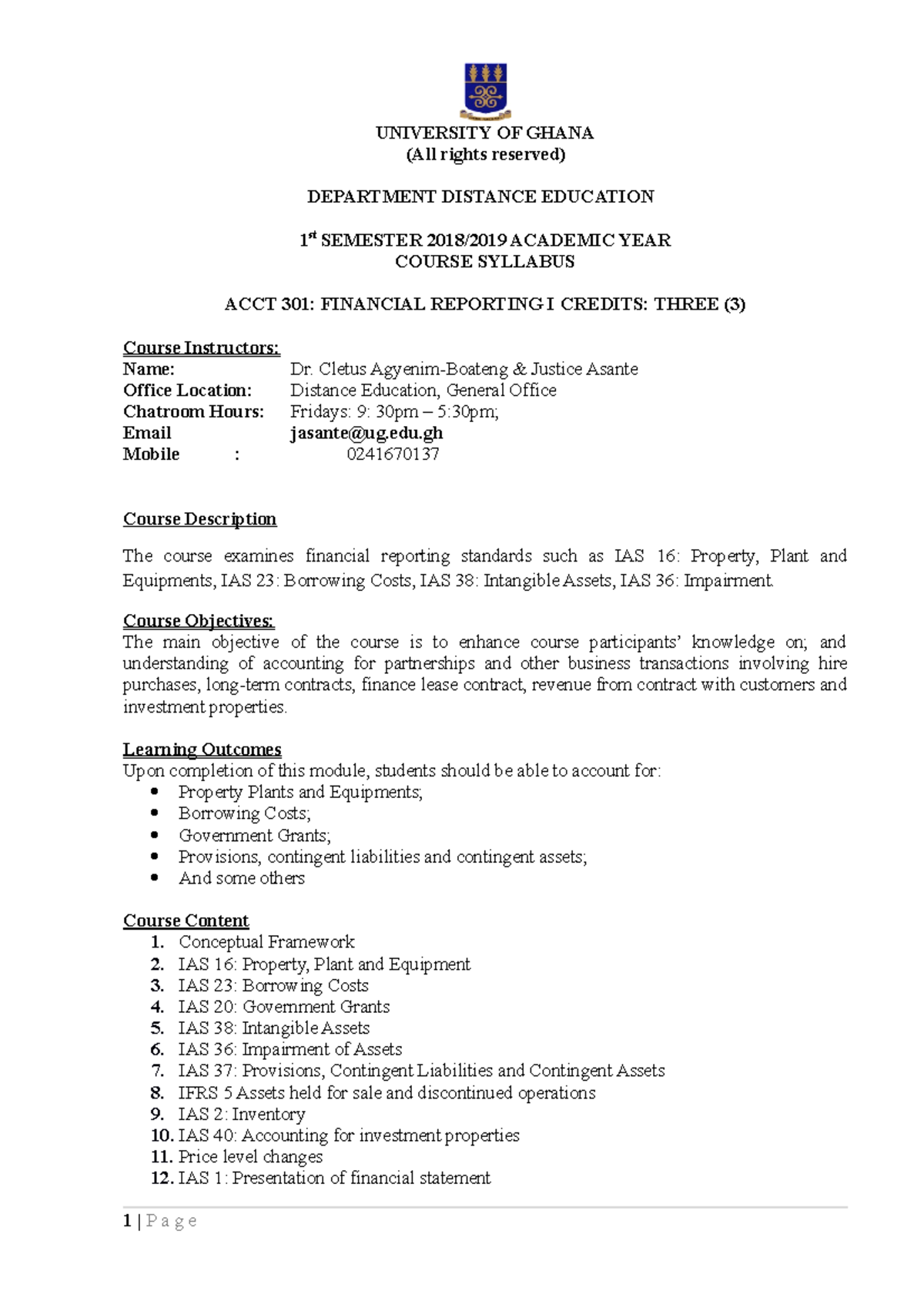 ACCT 301 Financial Reporting I Course outline-1 - UNIVERSITY OF GHANA ...