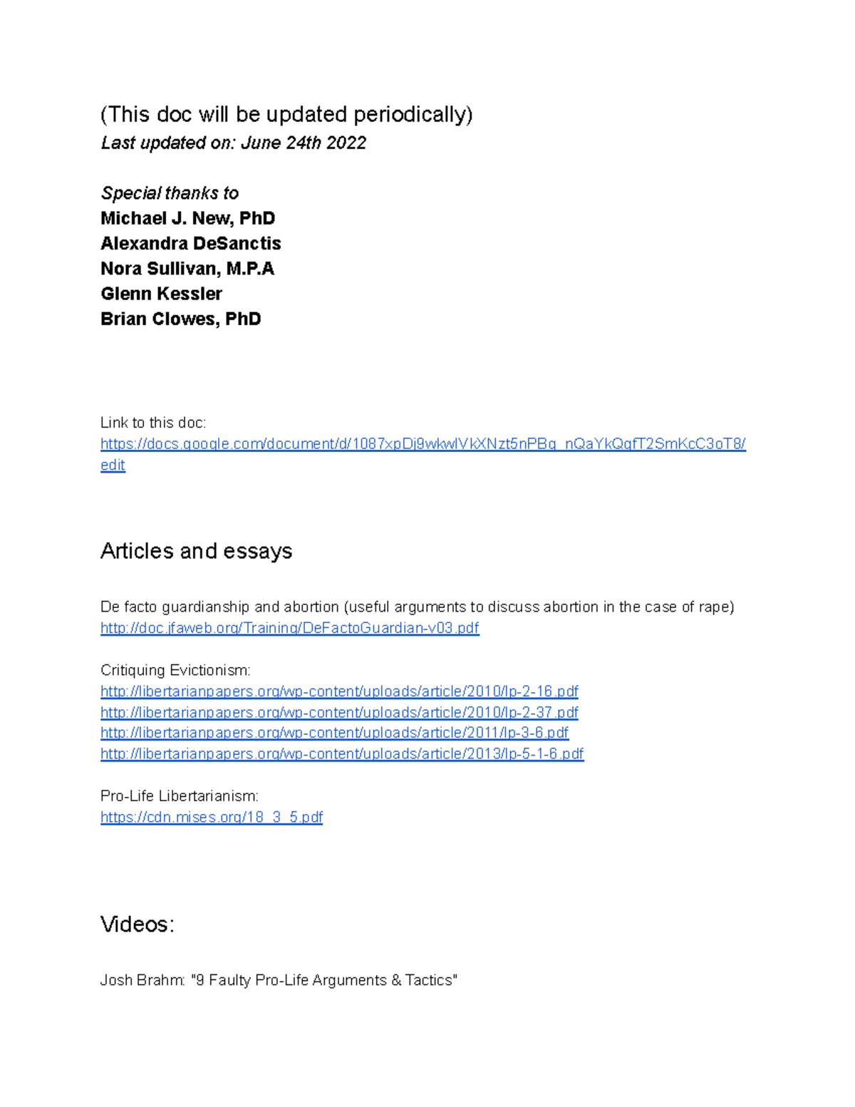 Pro-Life resources - (This doc will be updated periodically) Last ...
