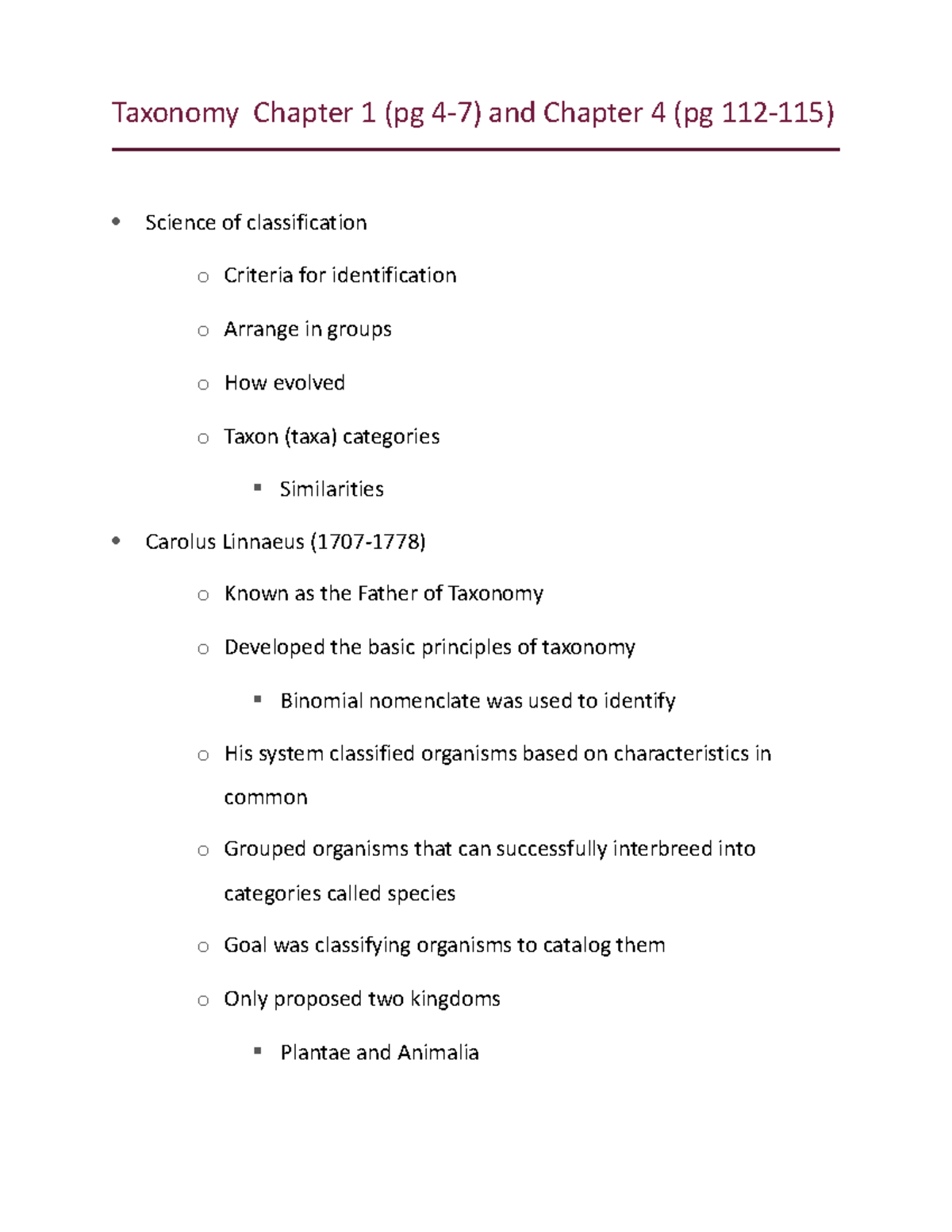Taxonomy completed notes - Taxonomy Chapter 1 (pg 4-7) and Chapter 4 ...