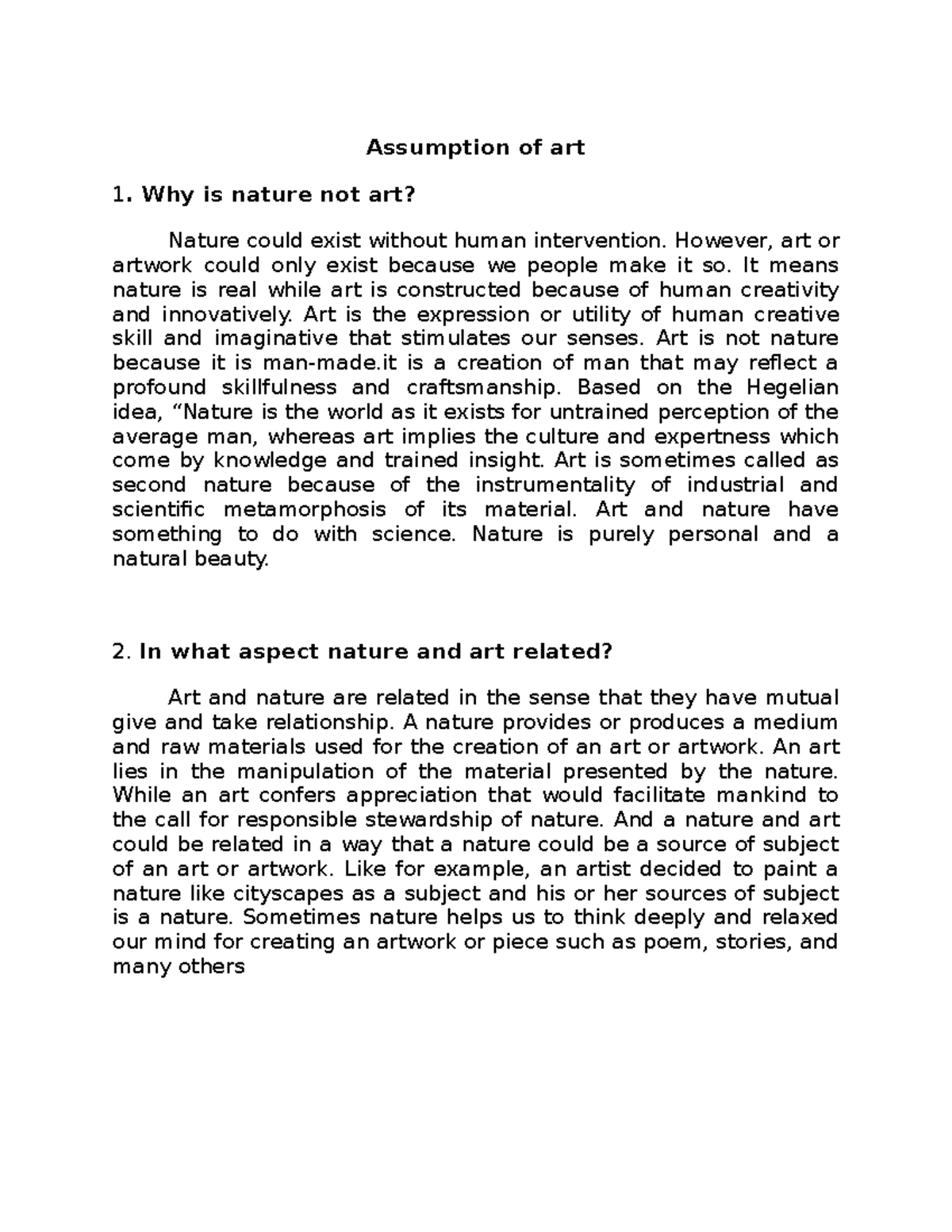 Arts Appreciation - Assumption of art - Assumption of art Why is nature ...