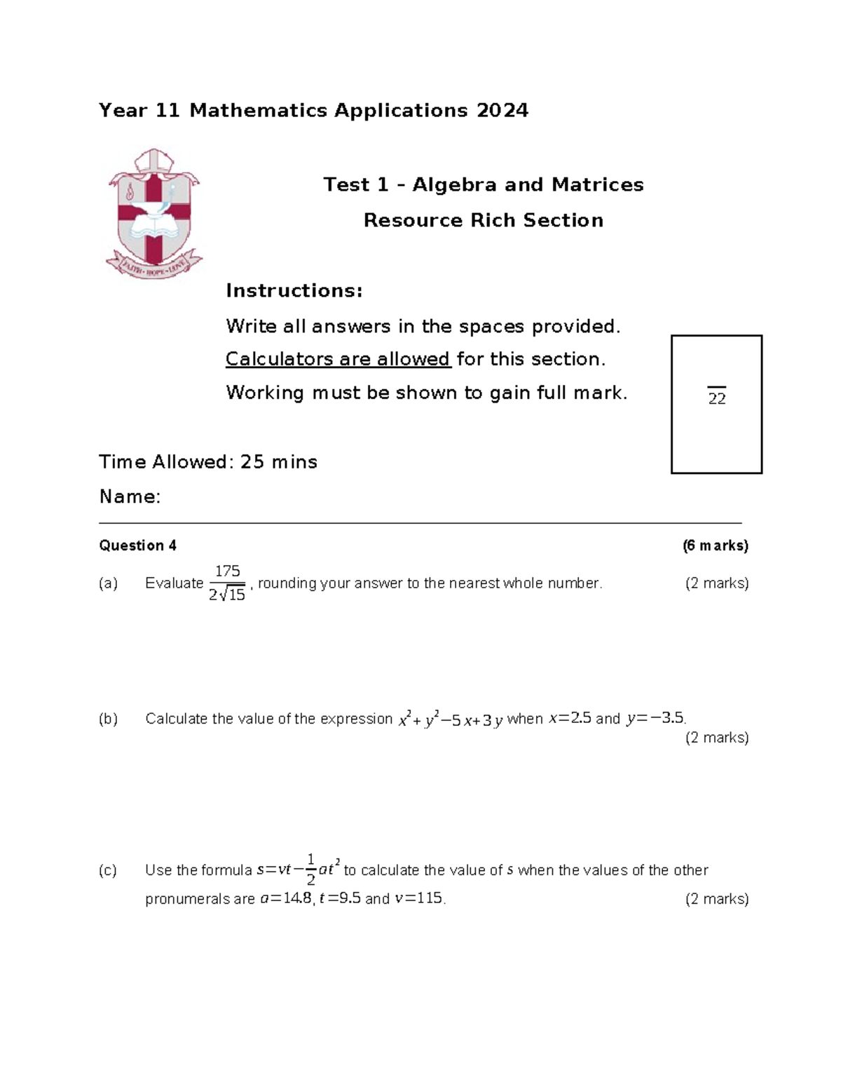 Test 1 Resource Rich Section 2024 - Year 11 Mathematics Applications ...