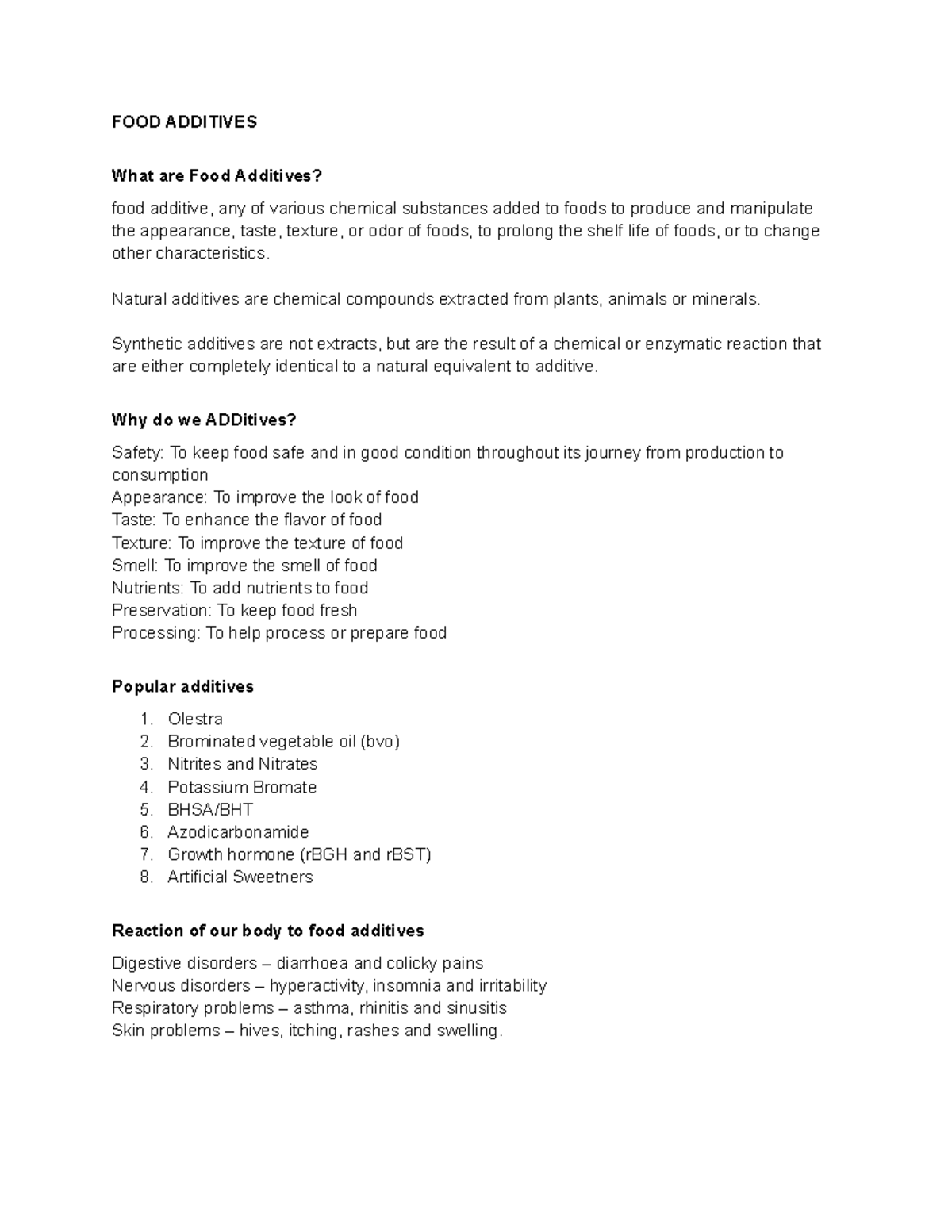 FOOD Additives - ENVIRONMENTAL SCIENCE - FOOD ADDITIVES What are Food ...