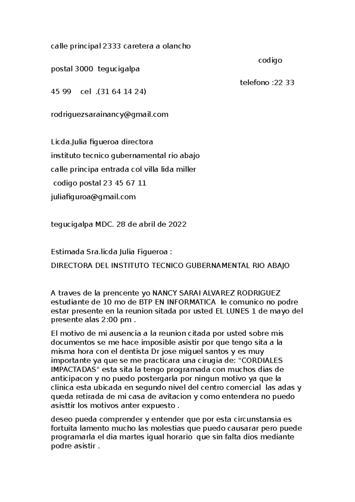 Documento - Informática - calle principal 2333 caretera a olancho ...